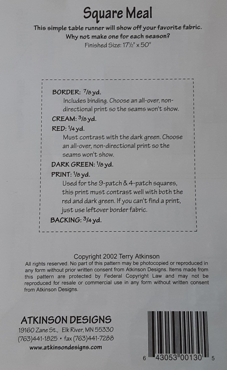 Pattern - Square Meal Table Runner Pattern, Physical Pattern - Etsy