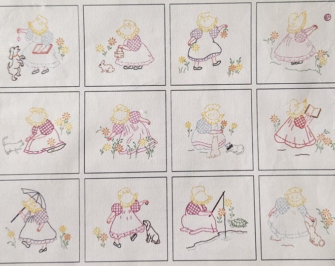 Pre Stamped - Sunbonnet Girls, 9" Nursery Quilt Squares, 12 - 9" X 9 ...