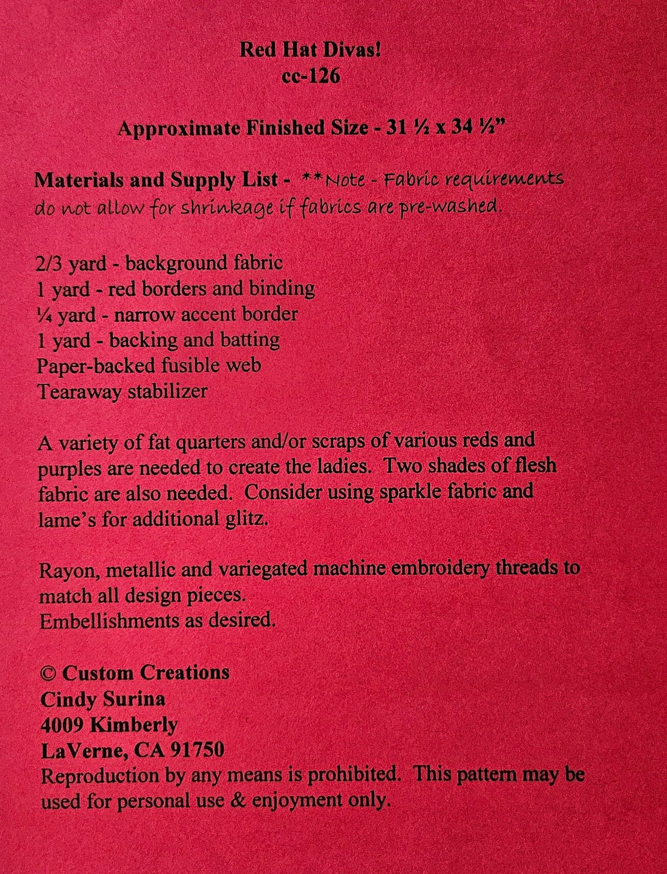 Pattern - Red Hat Divas Quilt Pattern, Physical Pattern - Etsy