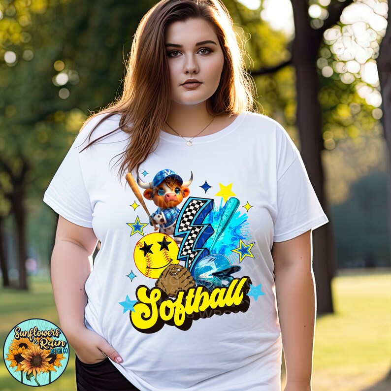 Retro Softball Highland Cow PNG: Smile Face Sublimation Design (digital ...