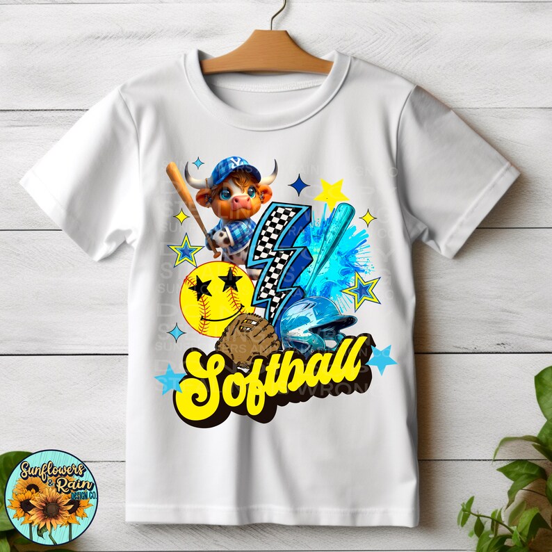 Retro Softball Highland Cow PNG: Smile Face Sublimation Design (digital ...