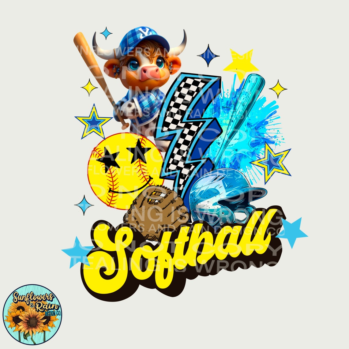 Retro Softball Highland Cow PNG: Smile Face Sublimation Design (digital ...