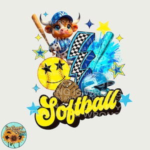 Retro Softball Highland Cow Png, Softball Sublimation Design, Softball ...