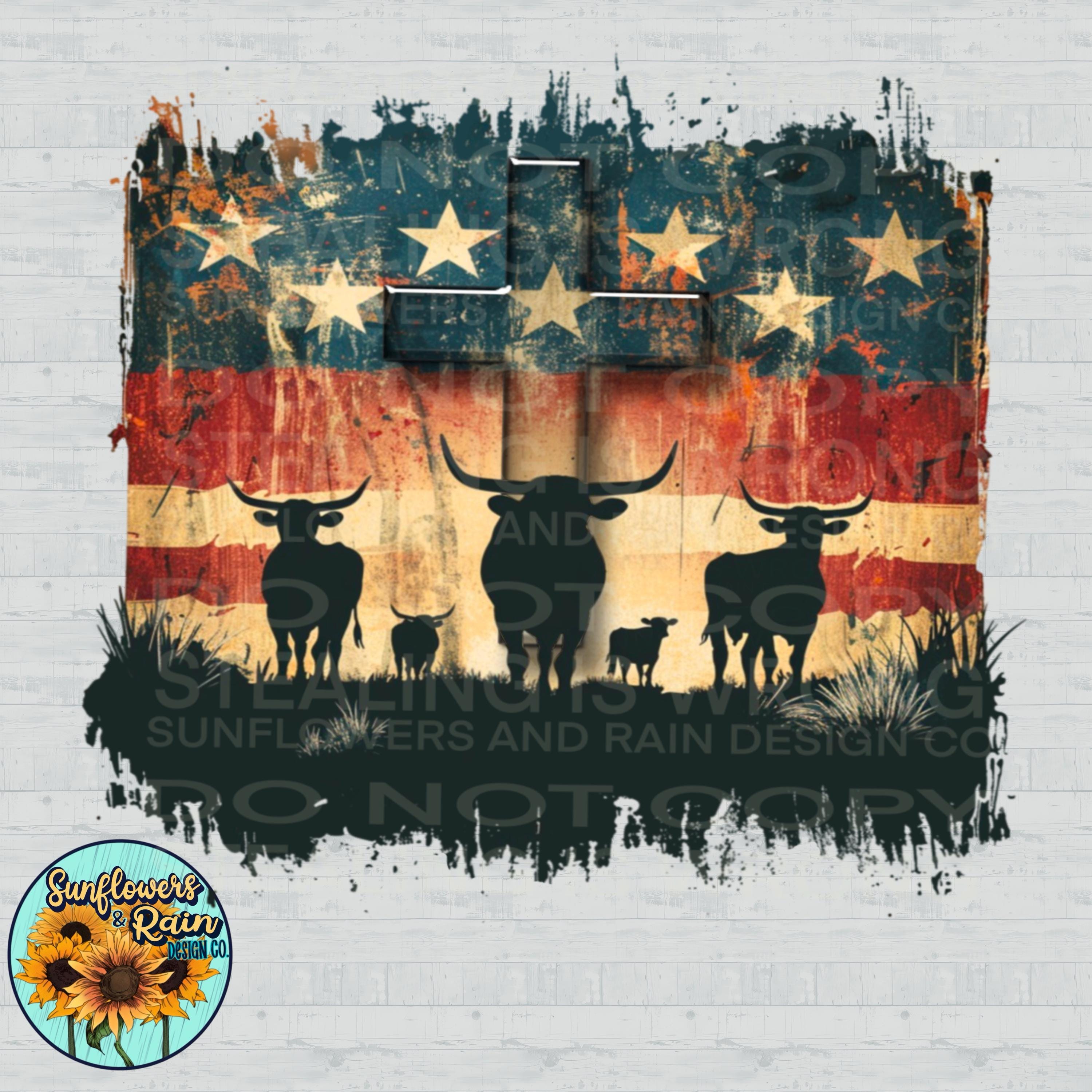 Western Cattle American Flag PNG: Cowboy Sublimation Design (digital ...