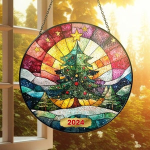 Christmas Tree Stained Glass Suncatcher, Xmas Window Hanging, Stained ...