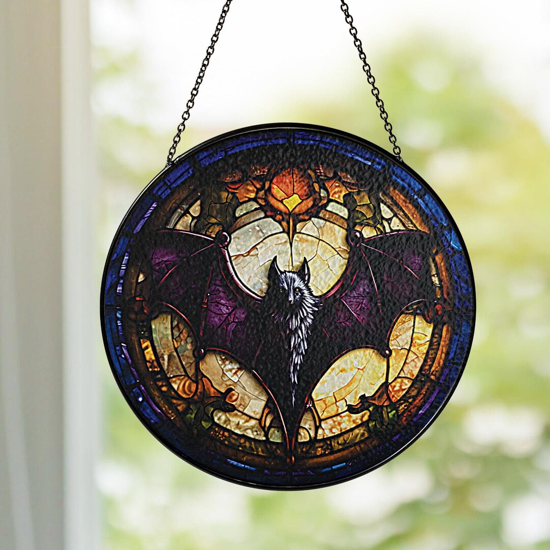 Spooky Bat Stained Glass Suncatcher, Gothic Bat Halloween Window ...