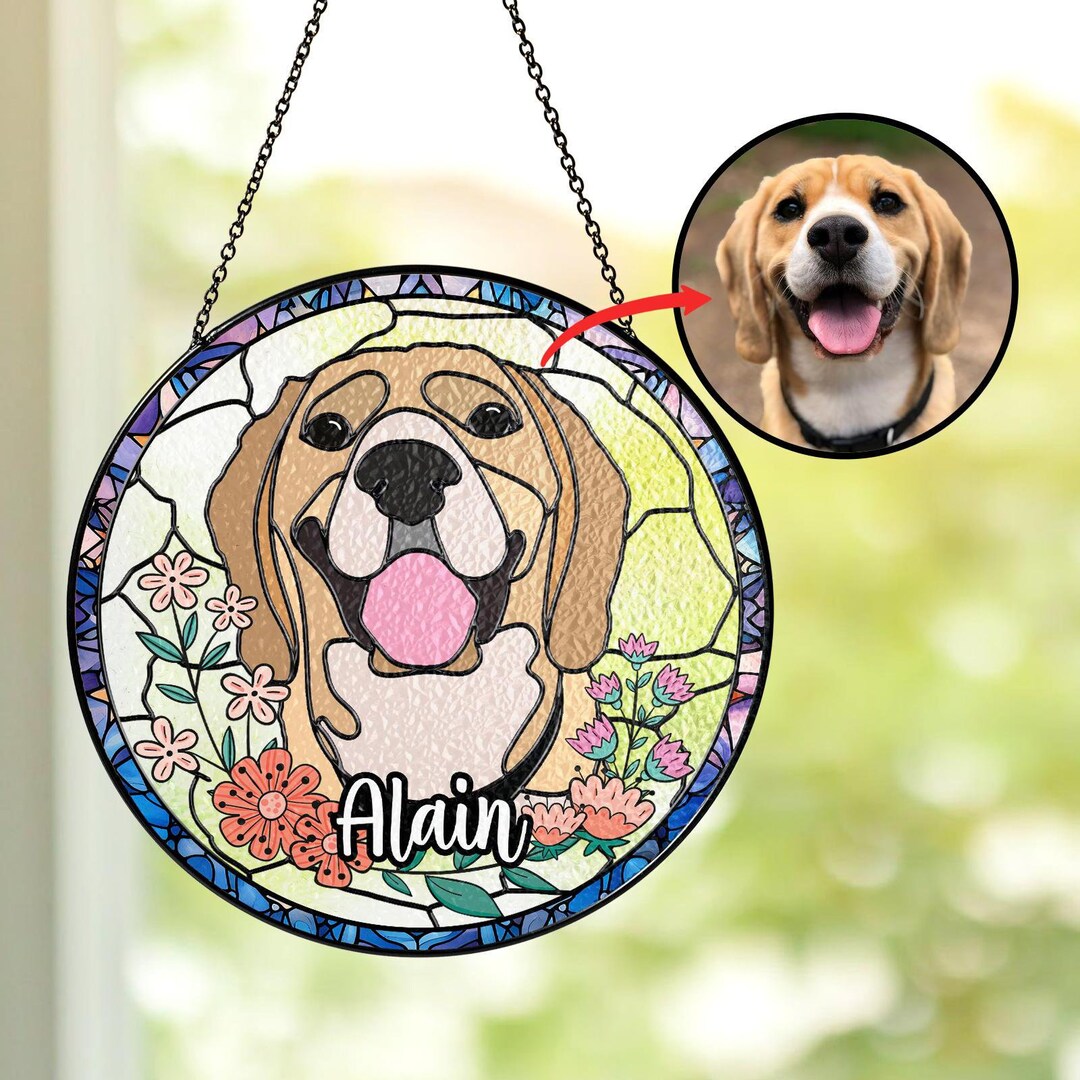 Custom Dog Portrait Glass Suncatcher, Pet Memorial Glass Art, Pet ...