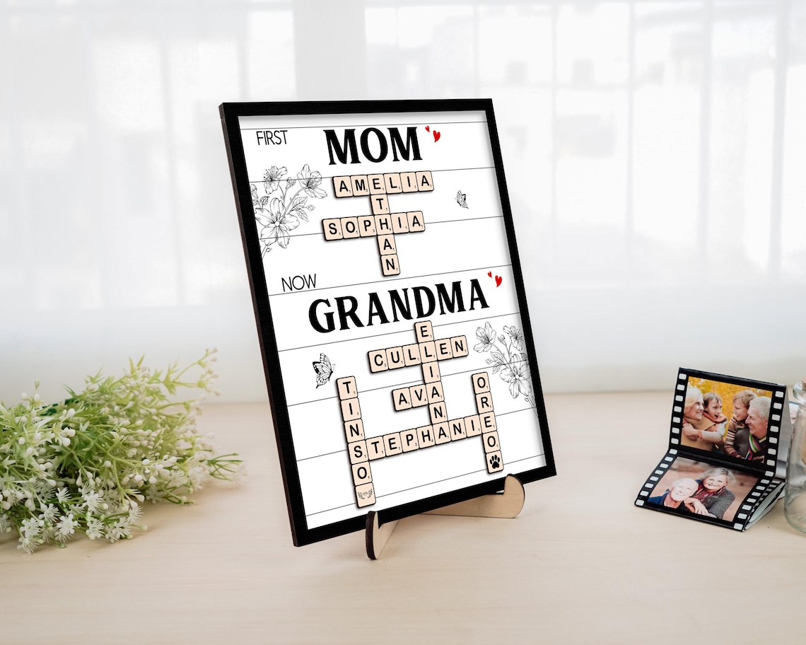 First Mom Now Grandma Crossword Puzzle Personalized, Family Name Sign ...