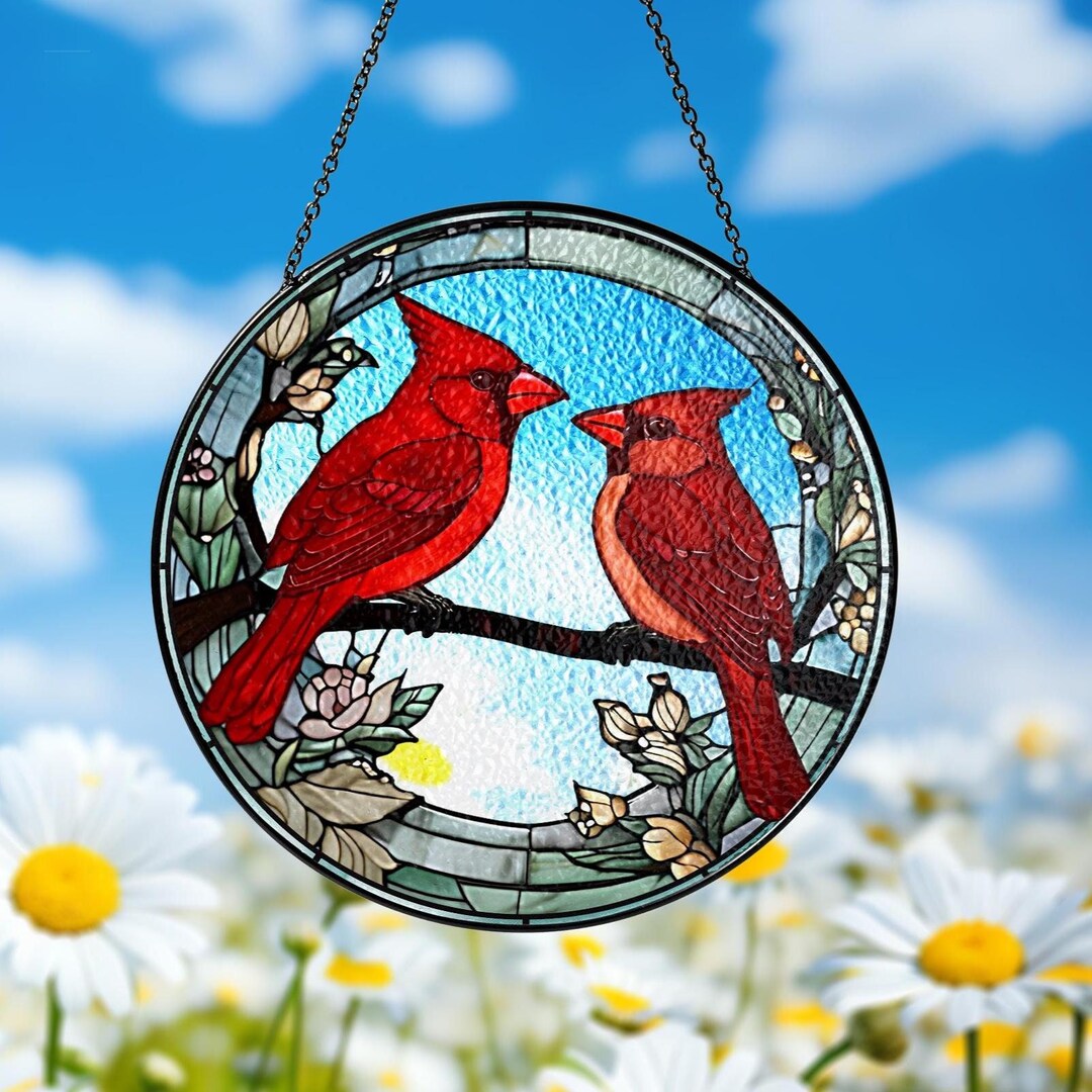8" Cardinal Stained Glass Suncatcher Male and Female Red Bird Window ...