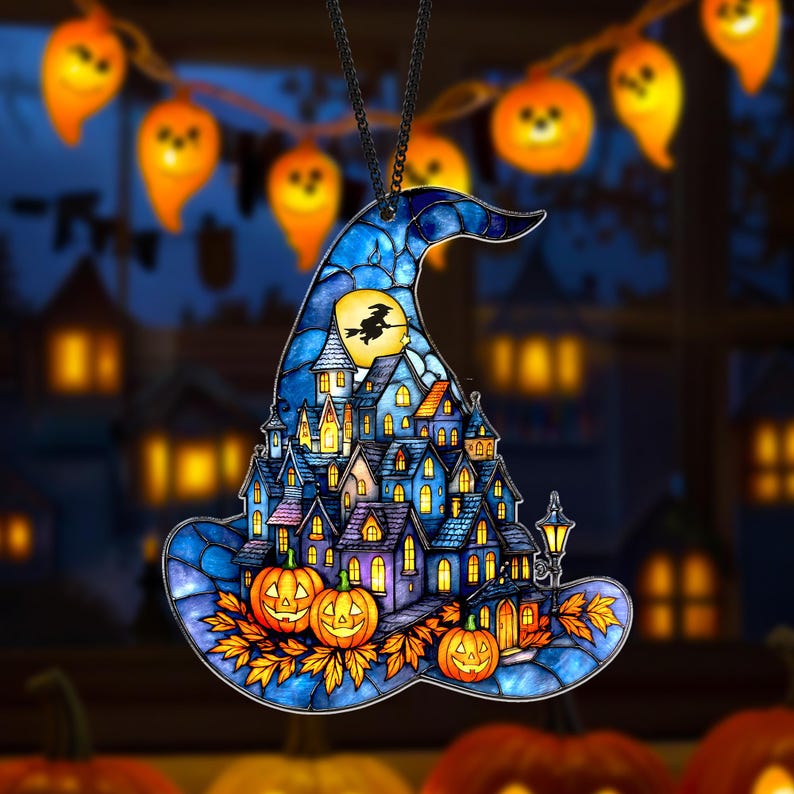 Witch Hat Village Acrylic Suncatcher,faux Stained Glass Ornament Window ...
