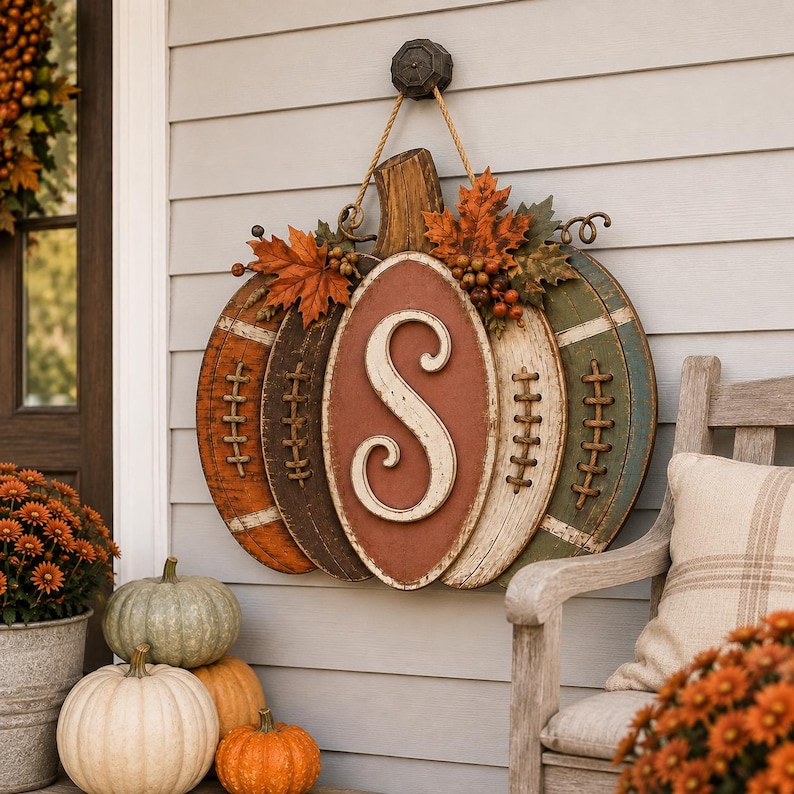 Personalized Football Pumpkin Door Hanger, Custom Initial Fall Door ...