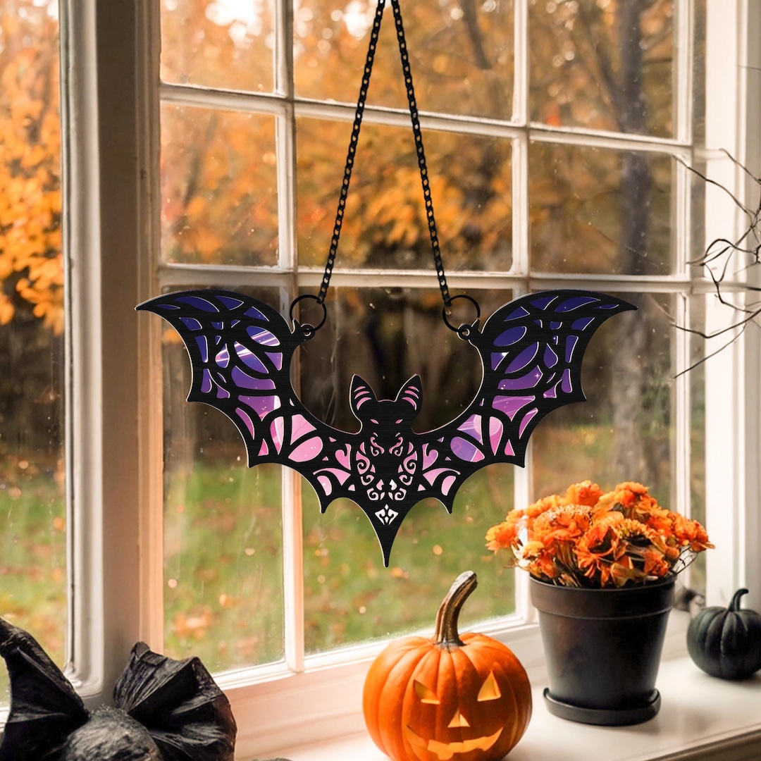 Personalized Gothic Bat Suncatcher, Halloween Bat Ornament, Spooky Bat ...