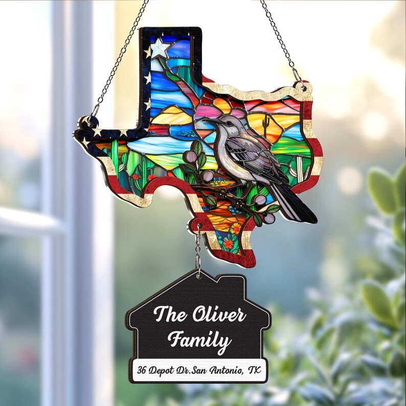 Texas Map Suncatcher, Northern Mockingbird and Bluebonnet, New Home ...