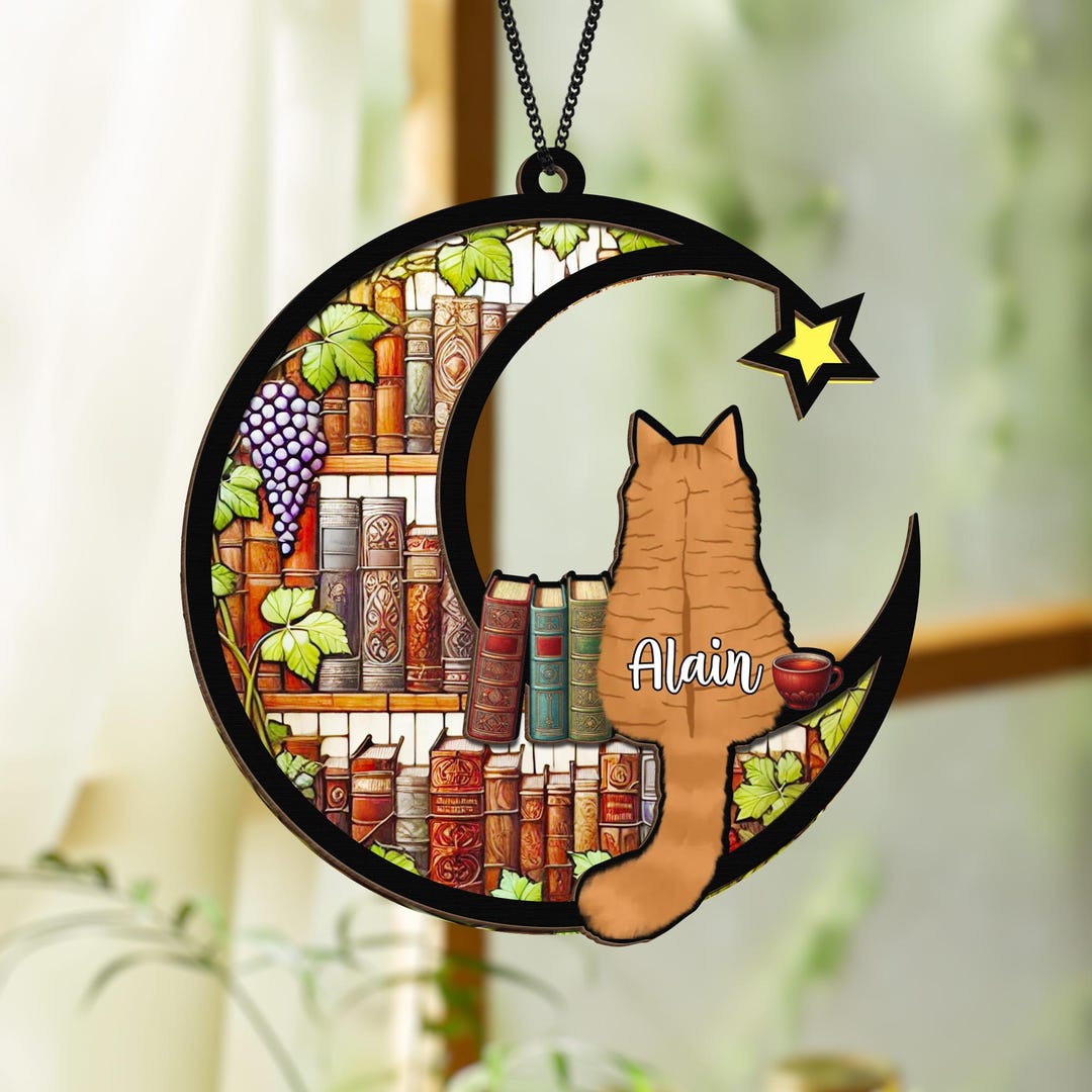 Personalized Cat Book Suncatcher Reading Cat Breeds Gift for Book Club ...