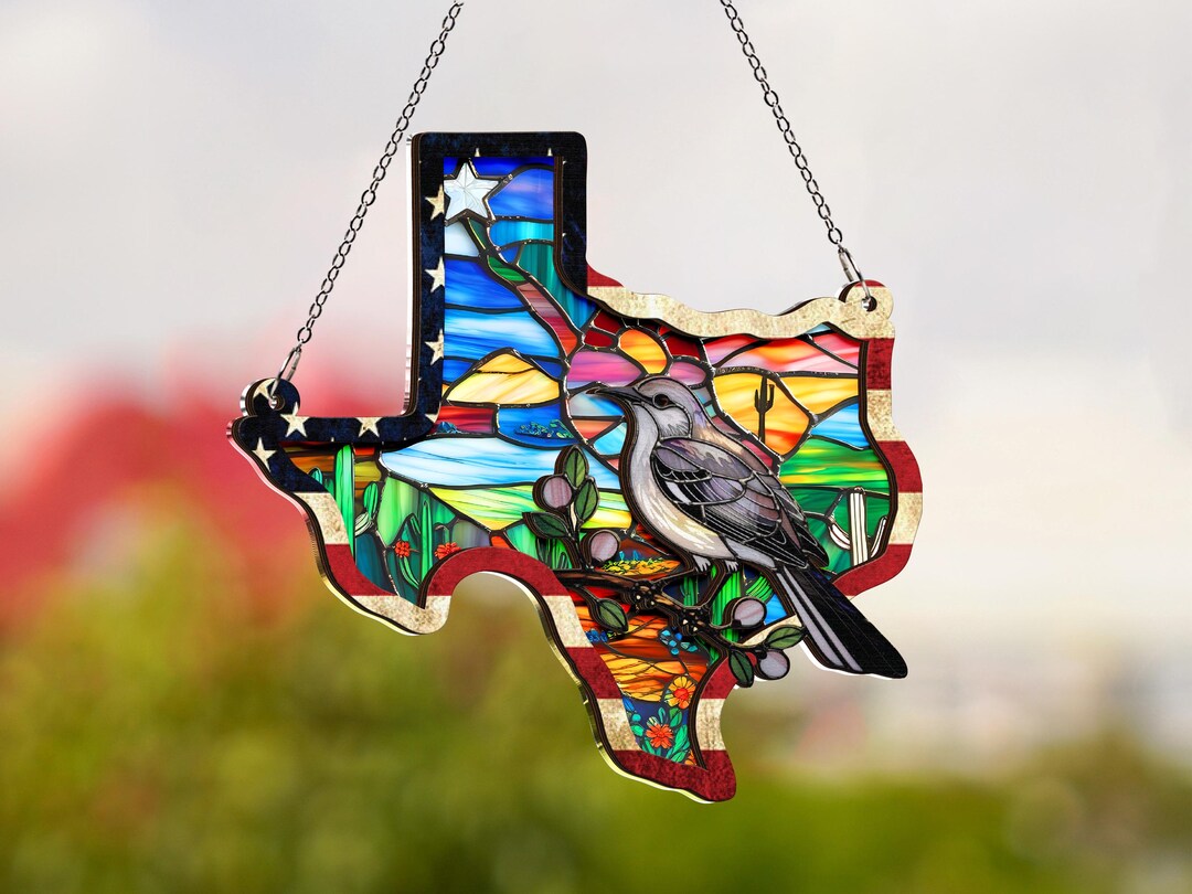 Texas Map Suncatcher, Northern Mockingbird and Bluebonnet, New Home ...