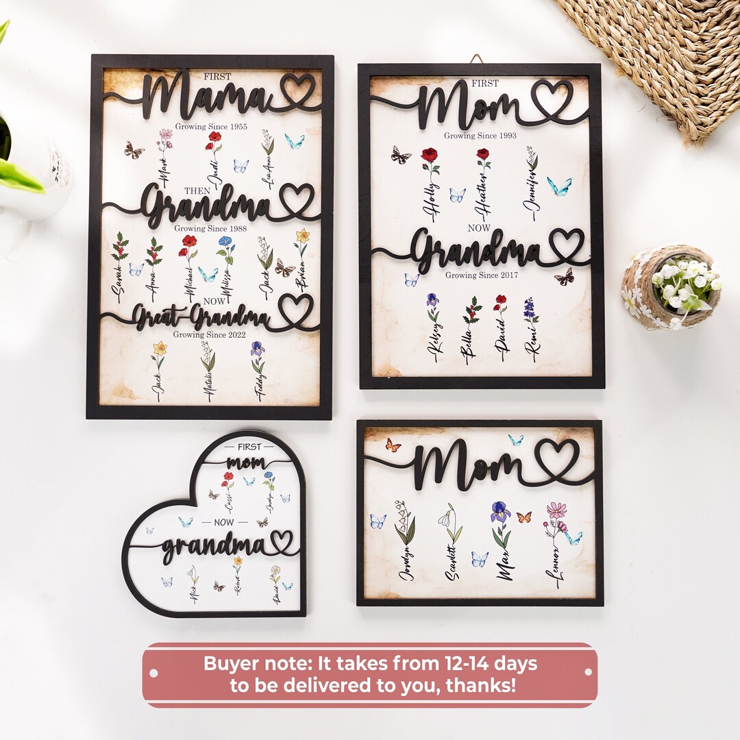 First Mom Now Grandma Sign, Personalized Birth Month Flower Sign, Nana ...