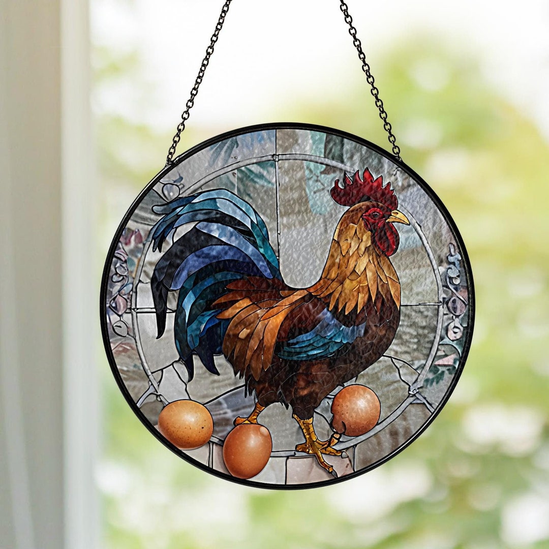 Rooster Egg Chicken Stained Glass Suncatcher Window Hanging Country ...