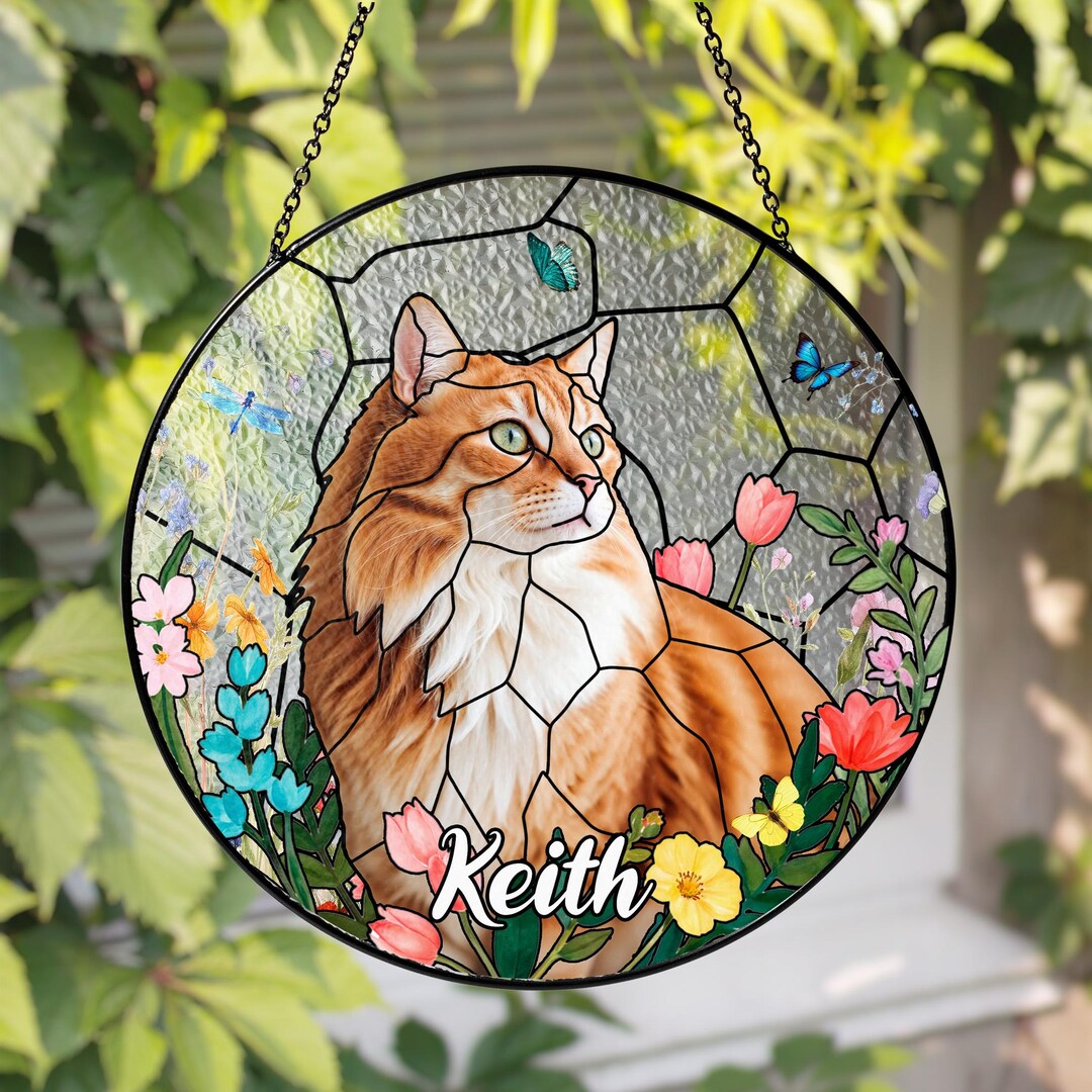 Custom Cat Portrait Stained Glass Suncatcher Pet Memorial Gift Dog Cat ...