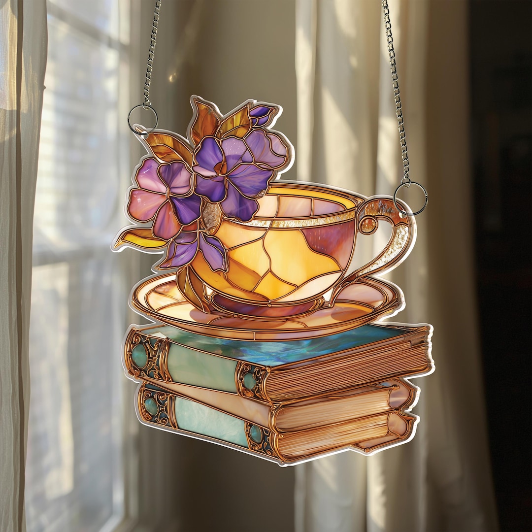 Floral Teacup and Books Acrylic Suncatcher,magical Library Window ...
