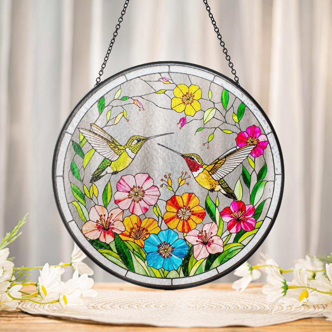Hummingbirds Stained Glass Suncatcher, Birds Window Hanging ...