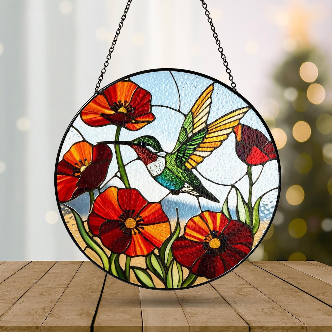Hummingbird Poppy Flower Stained Glass Suncatcher, Bird Glass Art ...