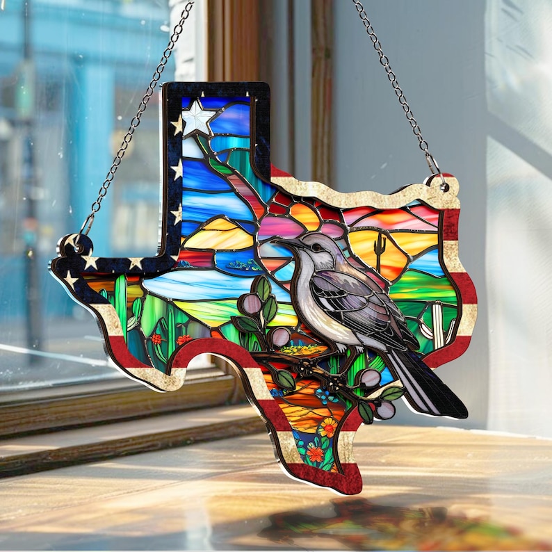 Texas Map Suncatcher, Northern Mockingbird and Bluebonnet, New Home ...