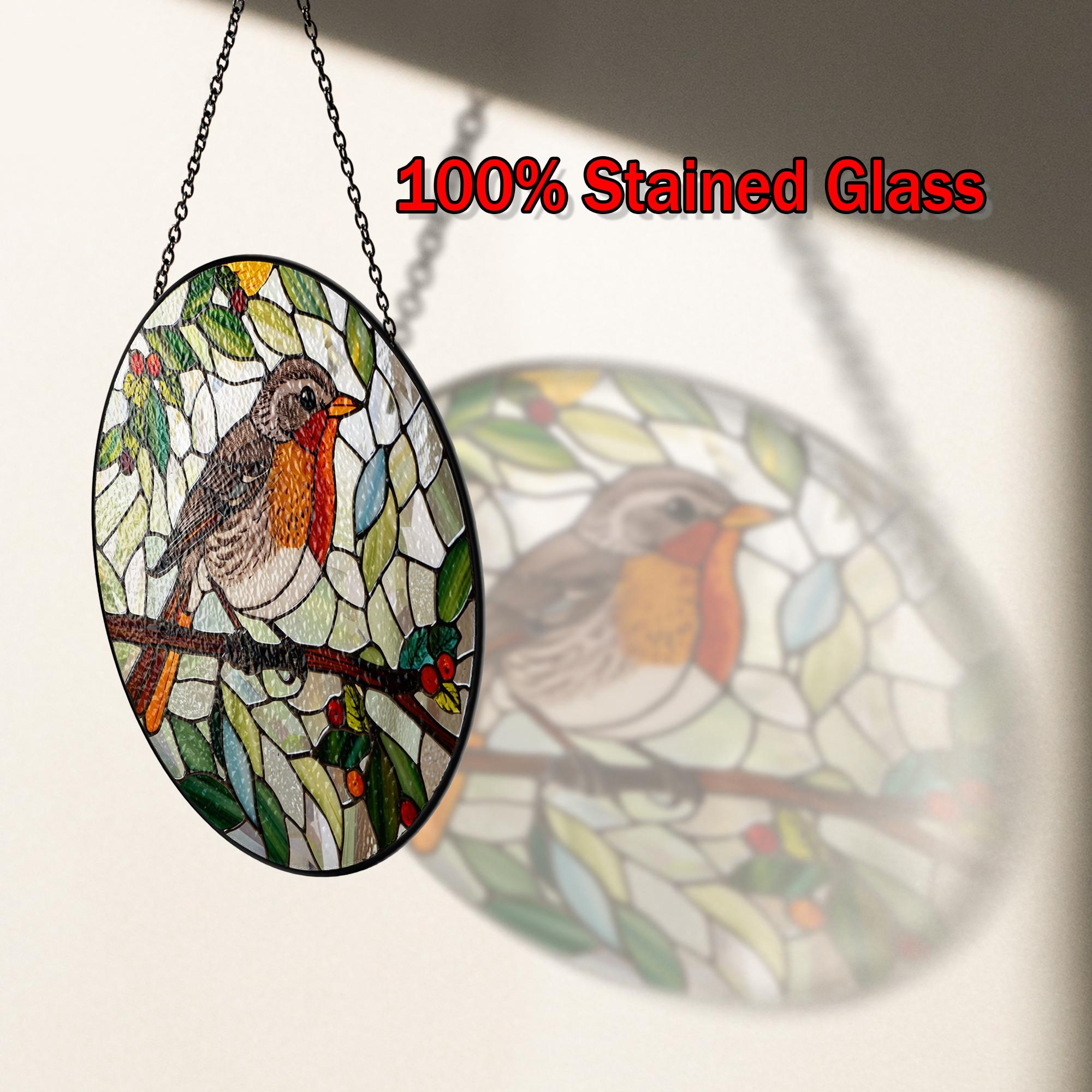 Robin Bird Stained Glass Suncatcher, Michigan Bird Flower Natural Art ...