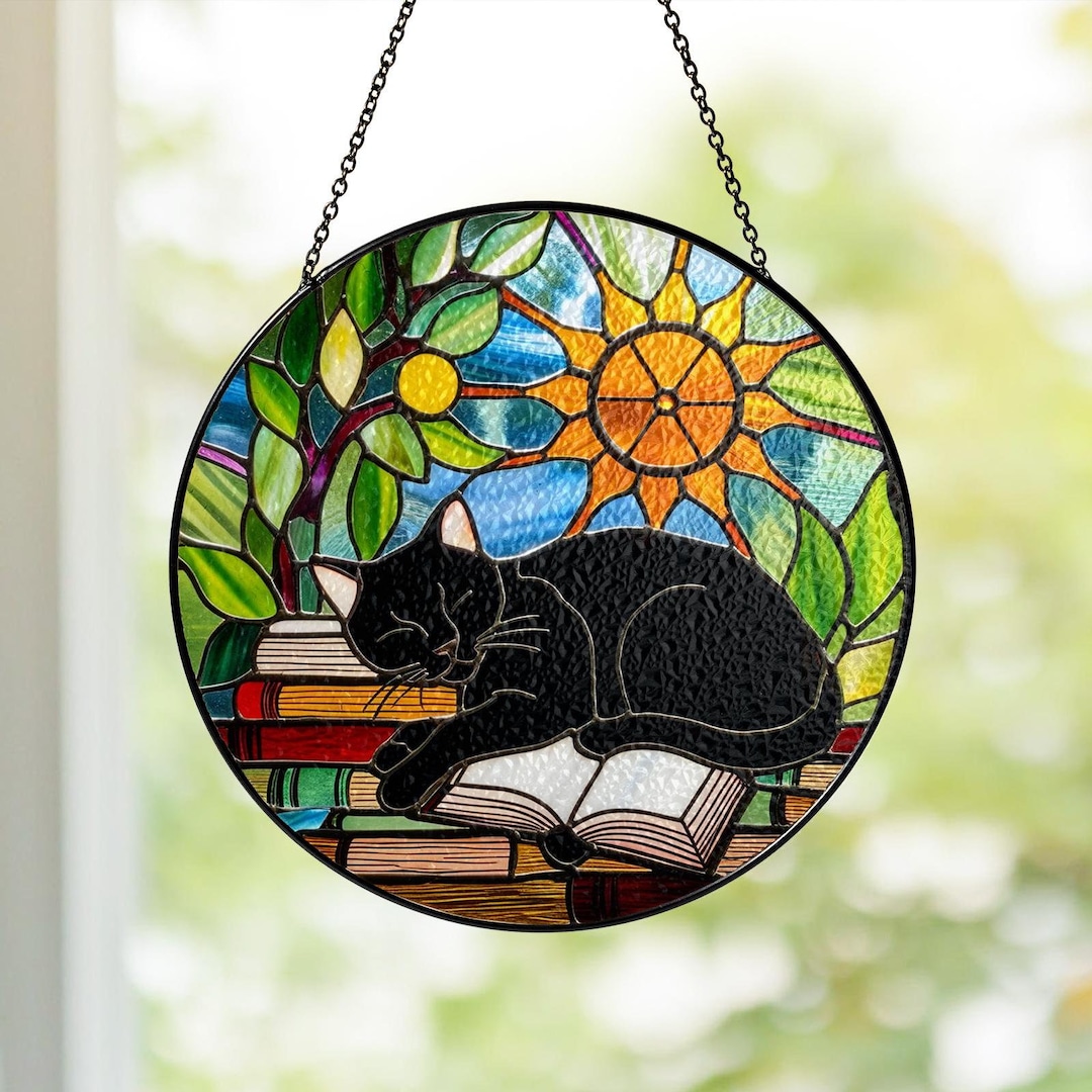 Black Cat on Book Stained Glass Suncatcher Window Hanging Custom ...