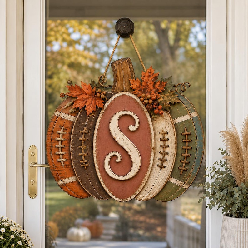 Personalized Football Pumpkin Door Hanger, Custom Initial Fall Door ...