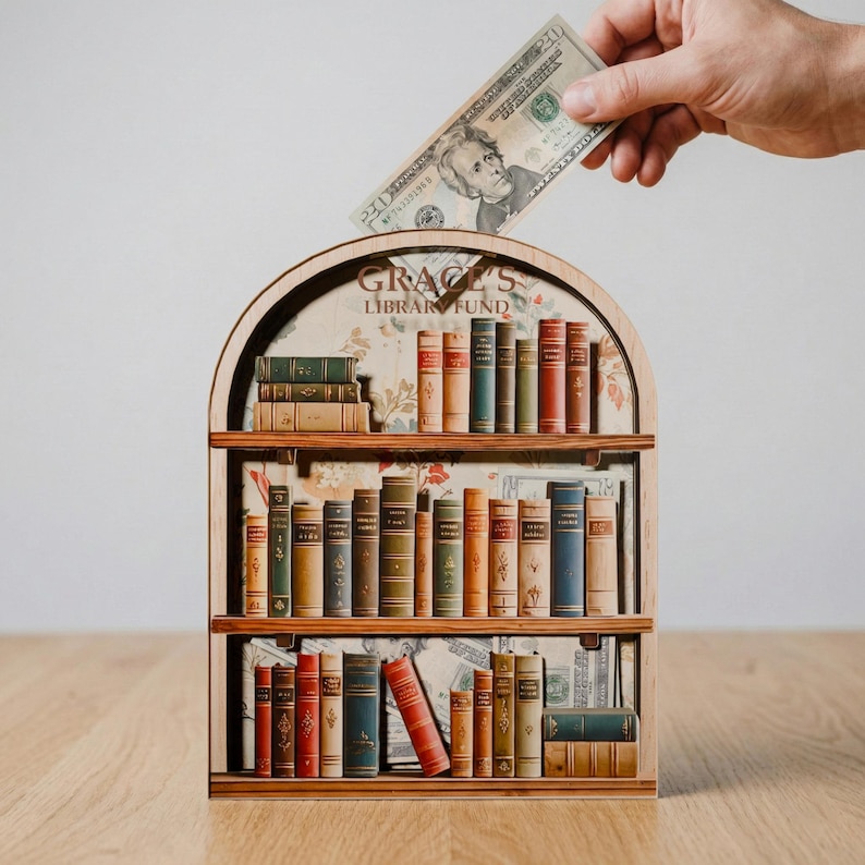 Personalized Library Fund Box, Book Lover Piggy Bank, Custom Book ...