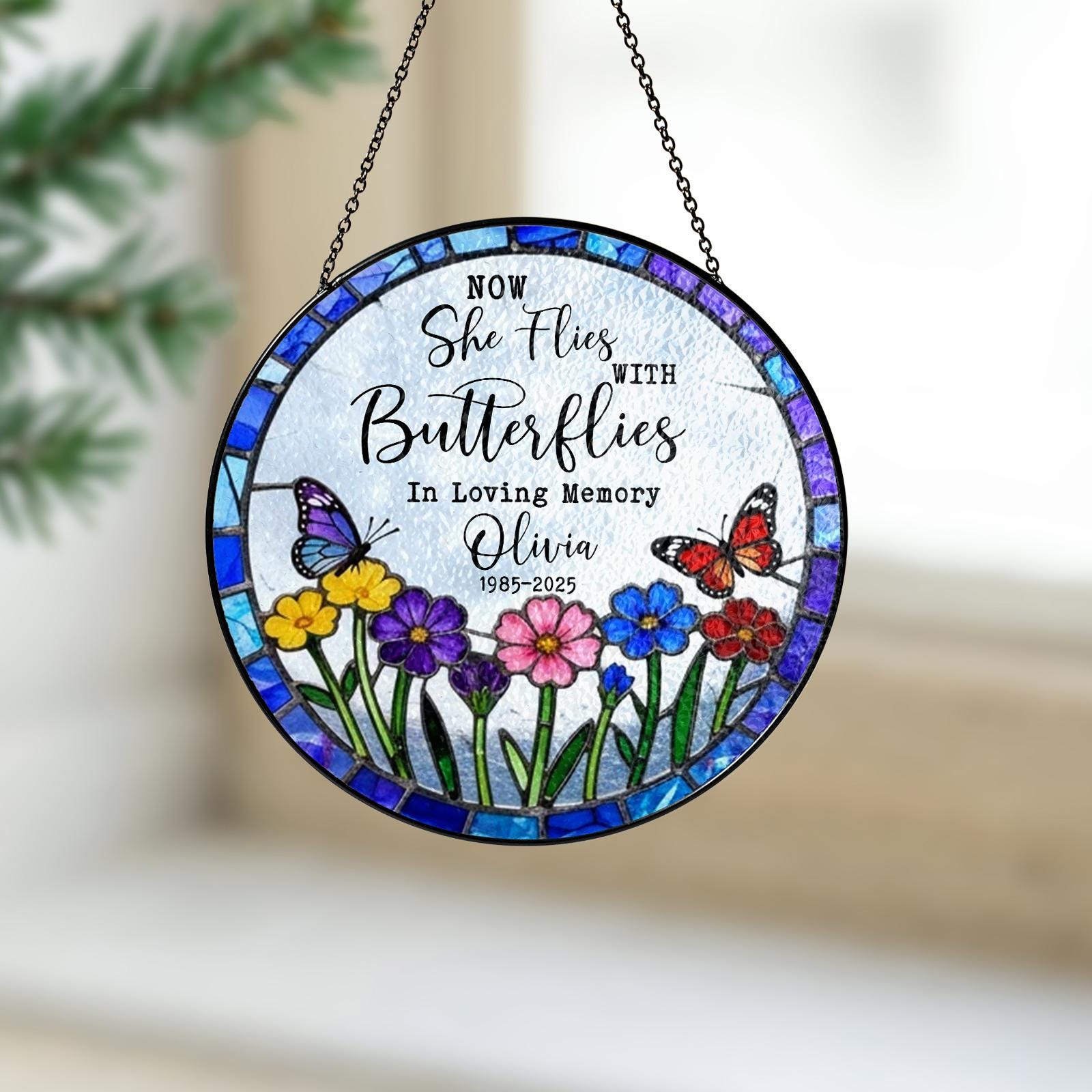 Now She Flies With Butterflies Memorial Suncatcher, Loss of A Loved One ...