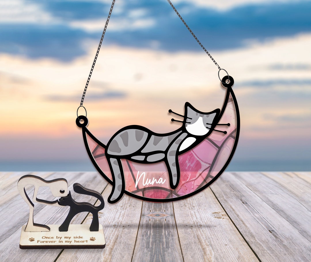 Cat Memorial Gift Sleeping Cat on Moon Suncatcher Loss of Pet Sympathy ...