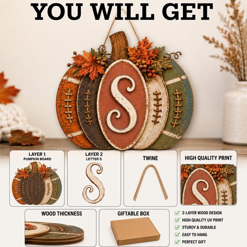 Personalized Football Pumpkin Door Hanger, Custom Initial Fall Door ...