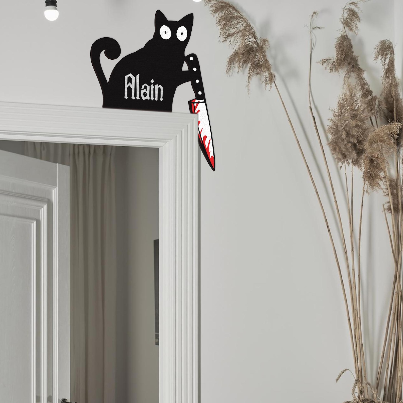 Custom Funny Black Cat With Knife Door Topper,spooky Cat Knife Door ...