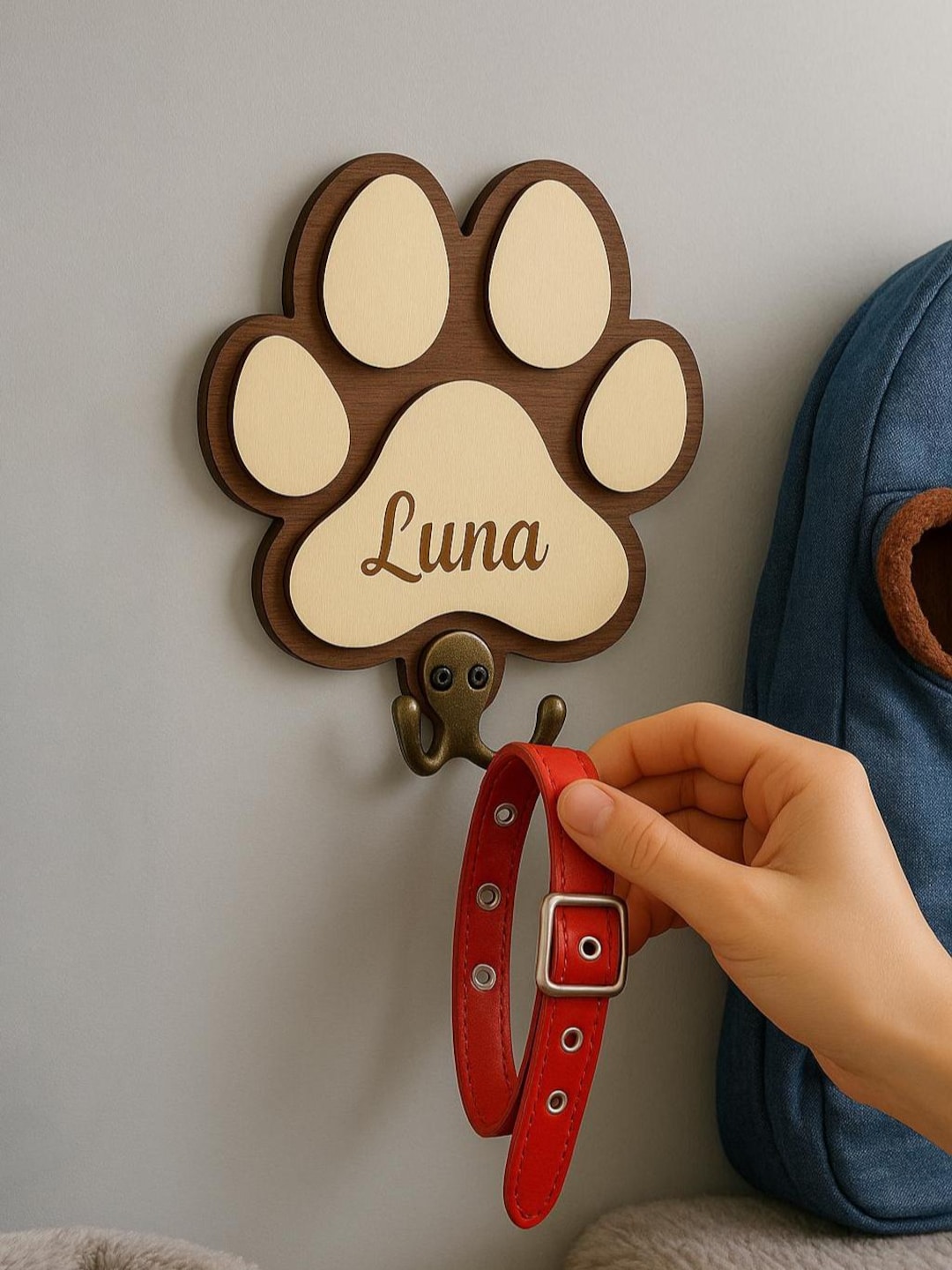 Custom Dog Leash Holder, Personalized Paw Hook for Wall, Wooden Pet ...
