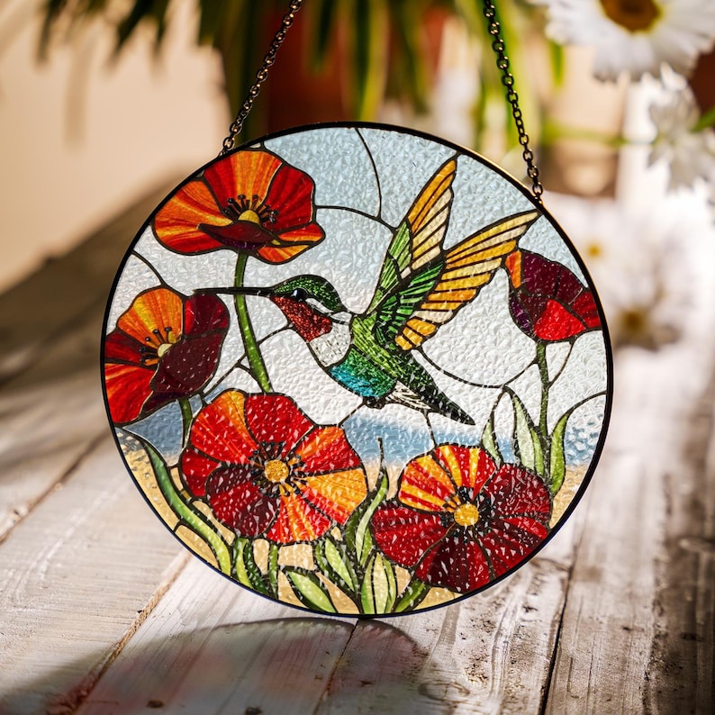 Hummingbird Poppy Flower Stained Glass Suncatcher, Bird Glass Art ...