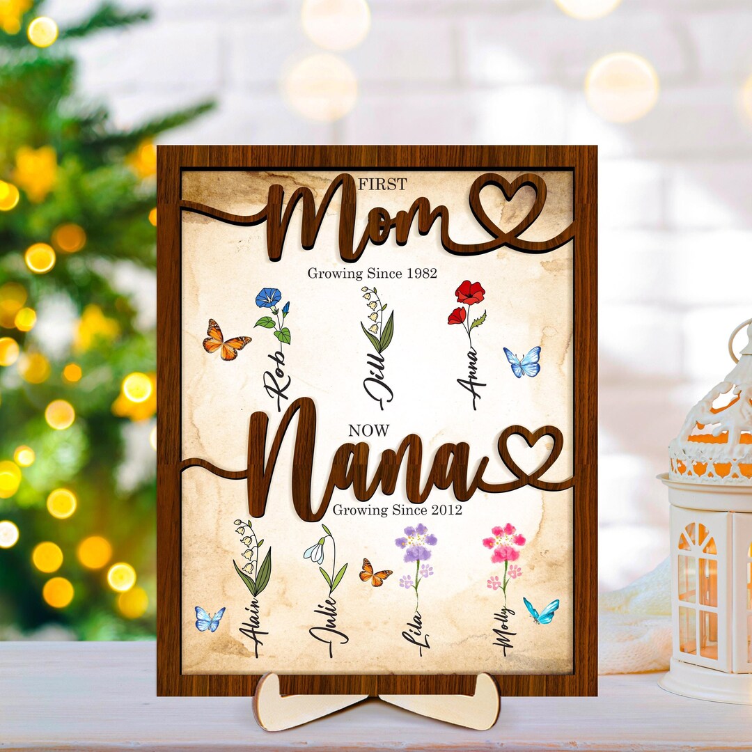 First Mom Now Grandma Gift, Personalized Birth Month Flower Sign, Nana ...
