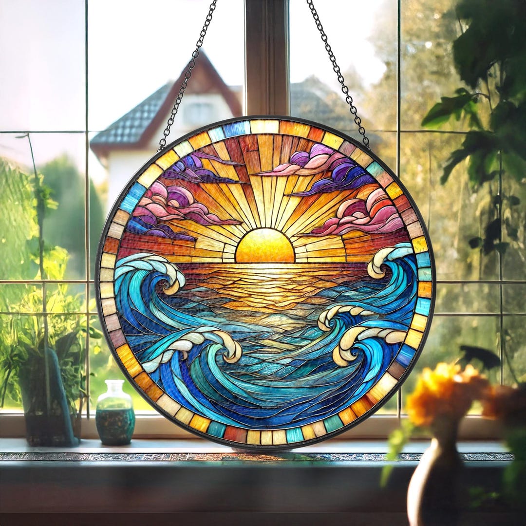 Beach Sunset Suncatcher, Waves on the Beach Faux Stained Glass, Beach ...
