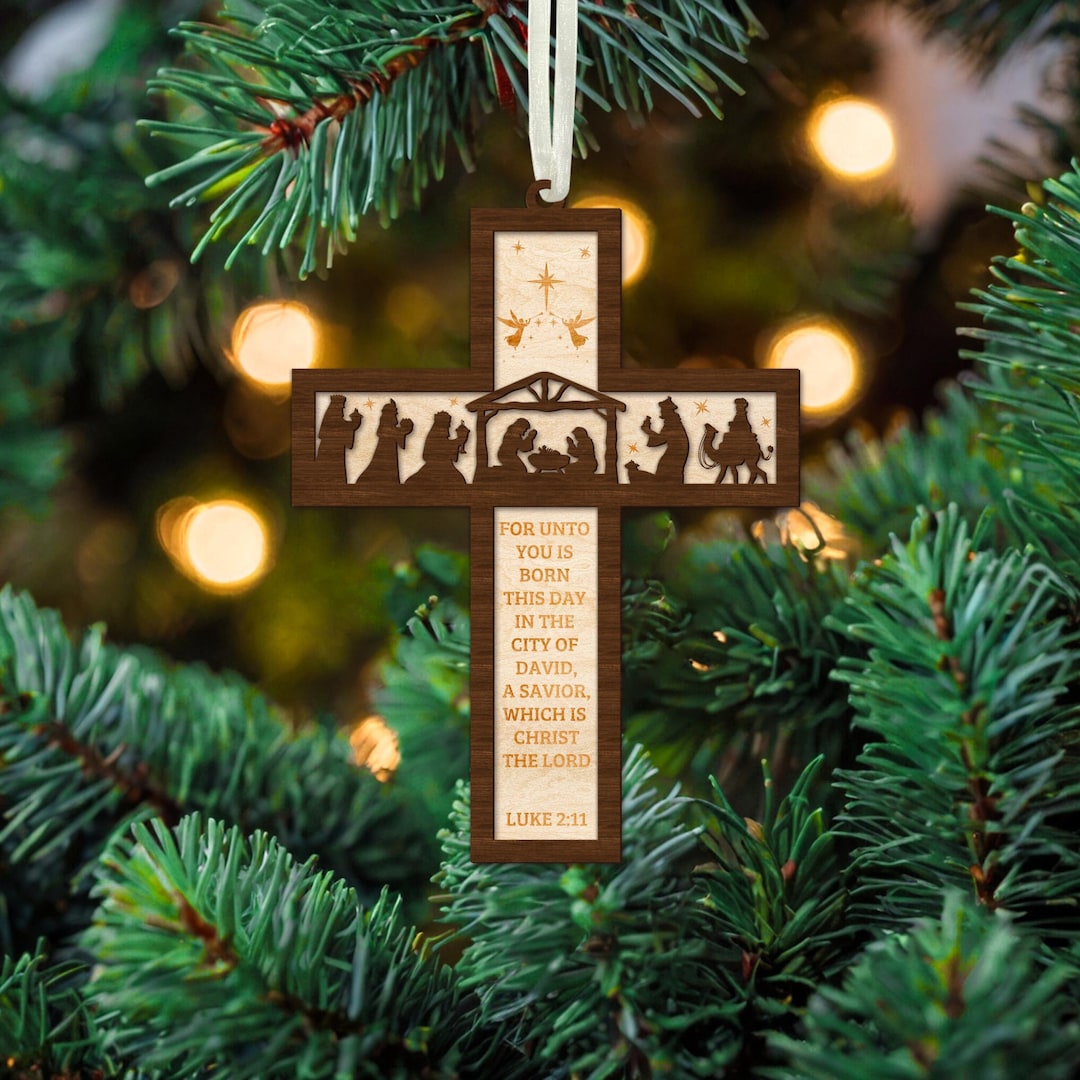 Nativity Cross Scripture Christmas Ornament, Religious Ornament Luke 2: ...