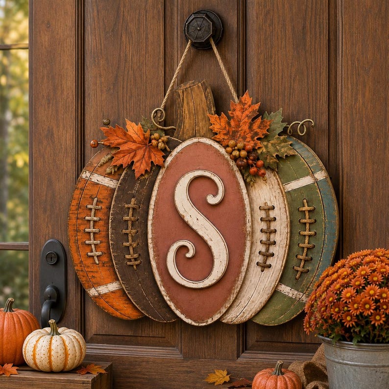 Personalized Football Pumpkin Door Hanger, Custom Initial Fall Door ...