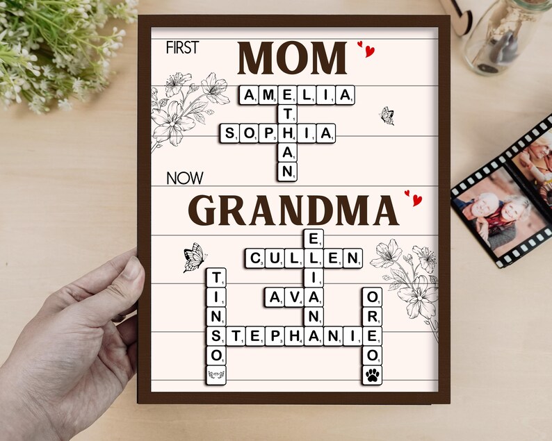 First Mom Now Grandma Crossword Puzzle Personalized, Family Name Sign ...