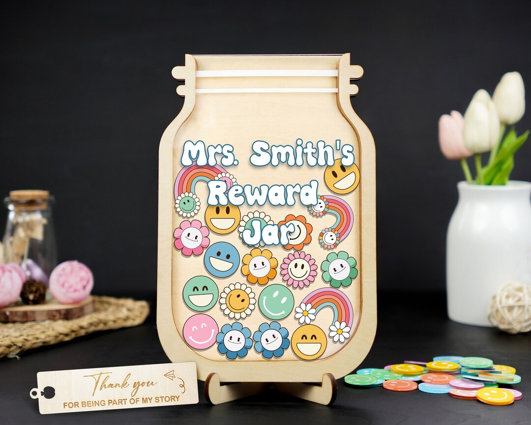 Groovy Reward Jar, Smiley Face, Boho Rainbow Token, Magnetic Reward Jar ...