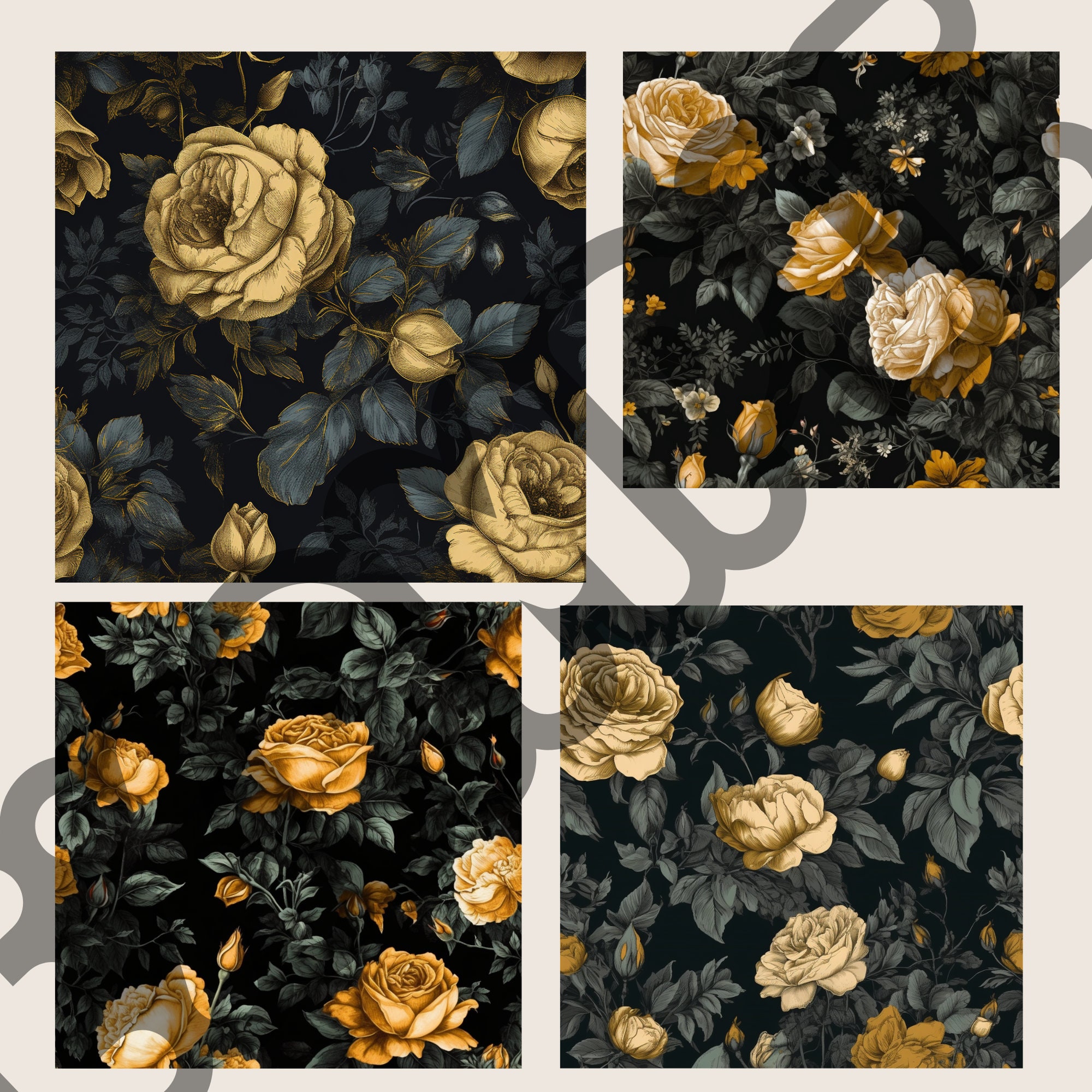 Dark Floral Digital Paper Pack Seamless Dark Flower Backgrounds 36 ...