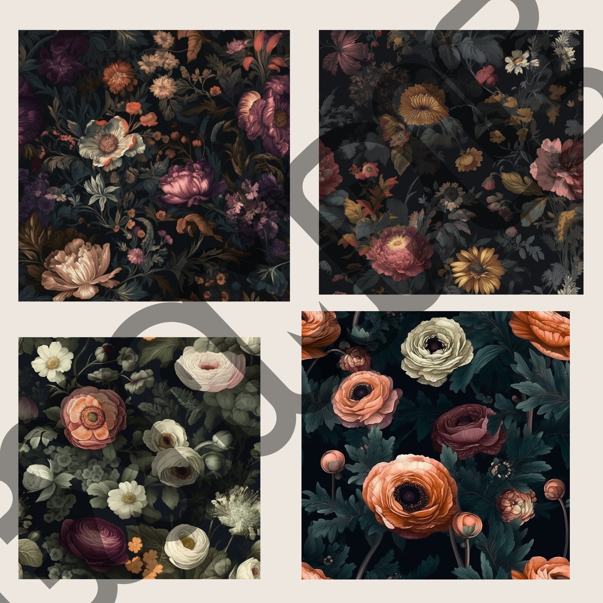 Dark Floral Digital Paper Pack Seamless Dark Flower Backgrounds 36 ...