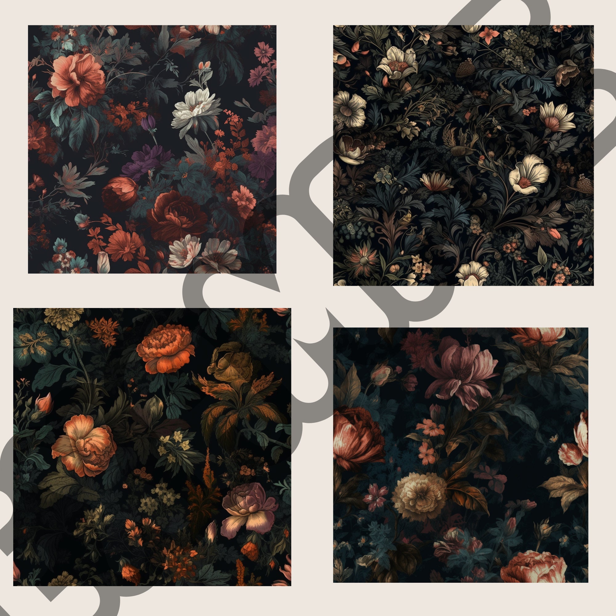 Dark Floral Digital Paper Pack Seamless Dark Flower Backgrounds 36 ...