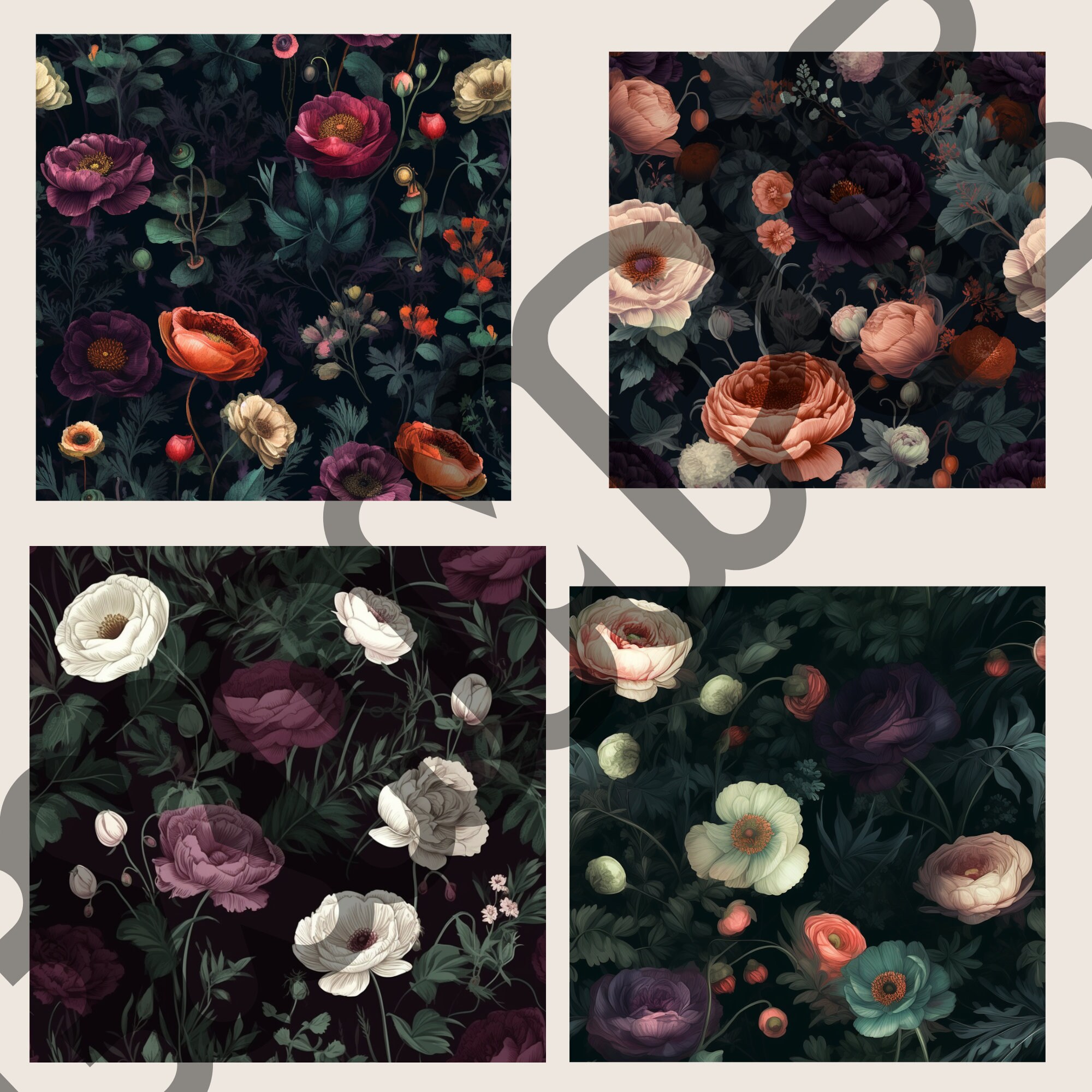 Dark Floral Digital Paper Pack Seamless Dark Flower - Etsy