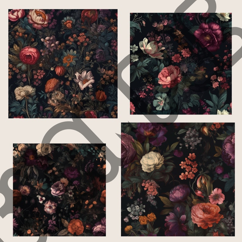 Dark Floral Digital Paper Pack Seamless Dark Flower Backgrounds 36 ...