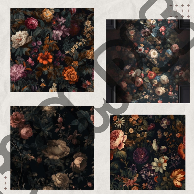 Dark Floral Digital Paper Pack Seamless Dark Flower Backgrounds 36 ...