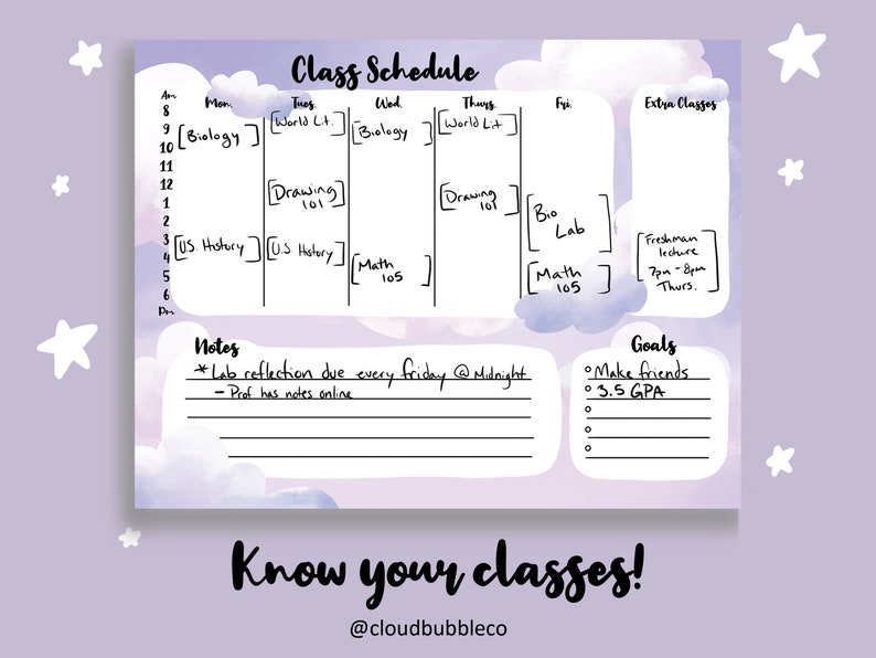 Cute Printable Cloudy Night Class Schedule Planner - Etsy