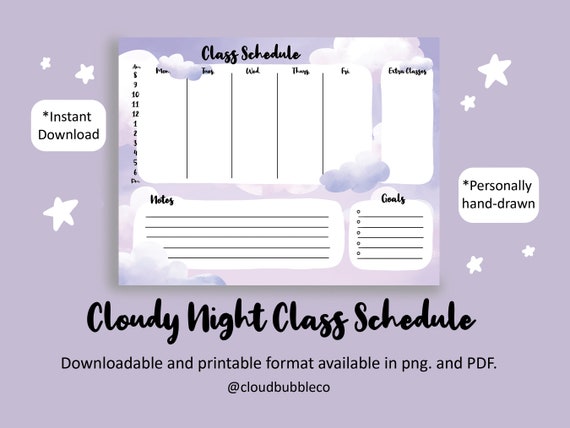Cute Printable Cloudy Night Class Schedule Planner - Etsy